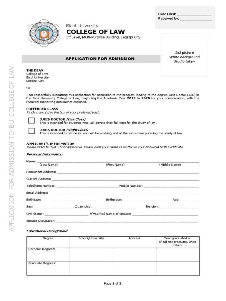 College of Law Application Form | PDF | Juris Doctor | Law School
