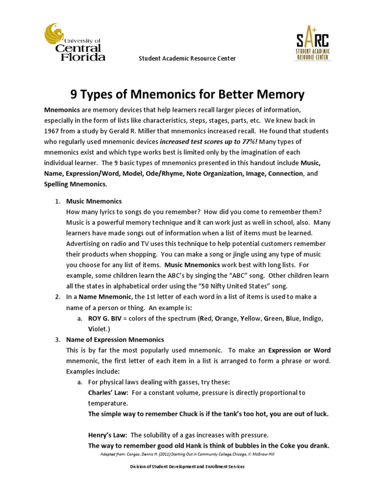 9 Types of Mnemonics NF1 | PDF | Mnemonic | Recall (Memory)