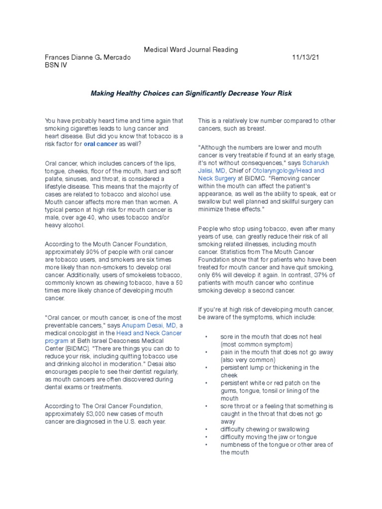 Medical Ward Journal Reading | PDF | Head And Neck Cancer | Cancer