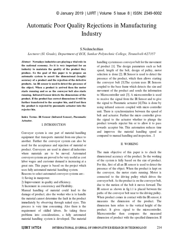 Automatic Poor Quality Rejections in Manufacturing Industry | PDF ...