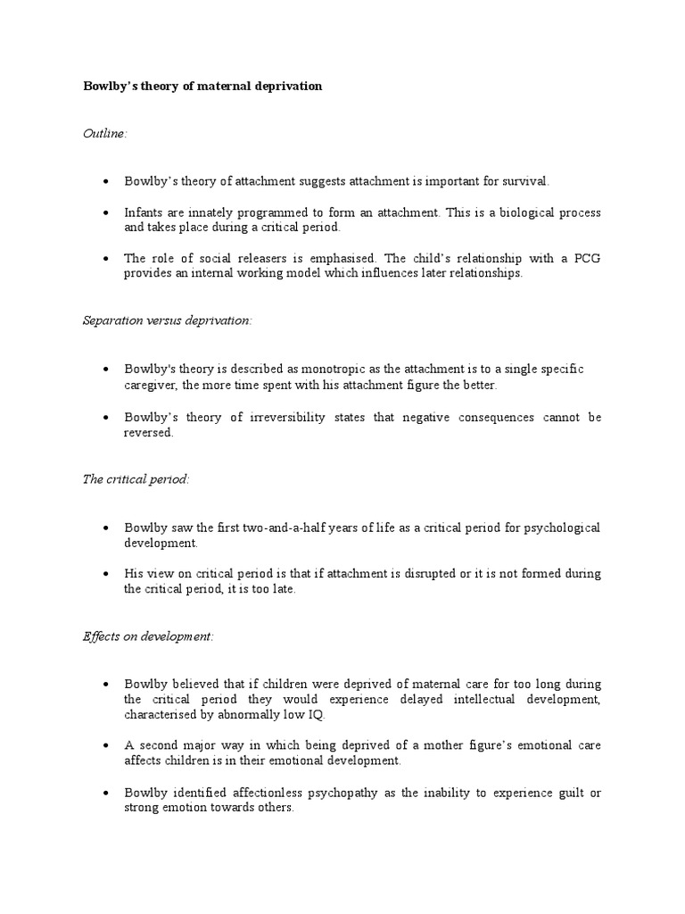 Bowlby's Theory of Maternal Deprivation | PDF | Attachment Theory ...