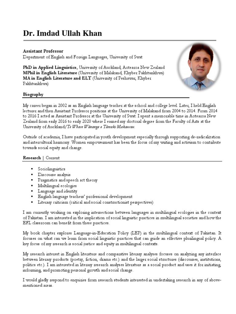 Dr. Imdad Ullah Khan: Assistant Professor | PDF | English As A Second Or Foreign Language ...