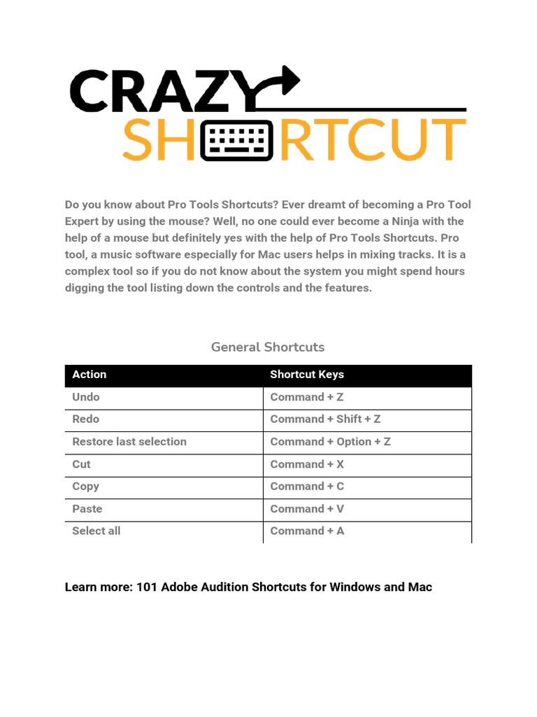 Pro Tools Keyboard Shortcuts PDF | PDF | Keyboard Shortcut | Computing