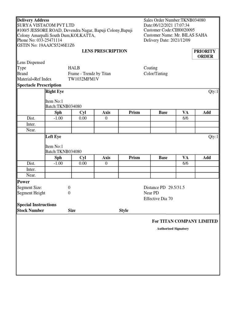 Spectacle Prescription: Delivery Address | PDF | Receipt | Invoice