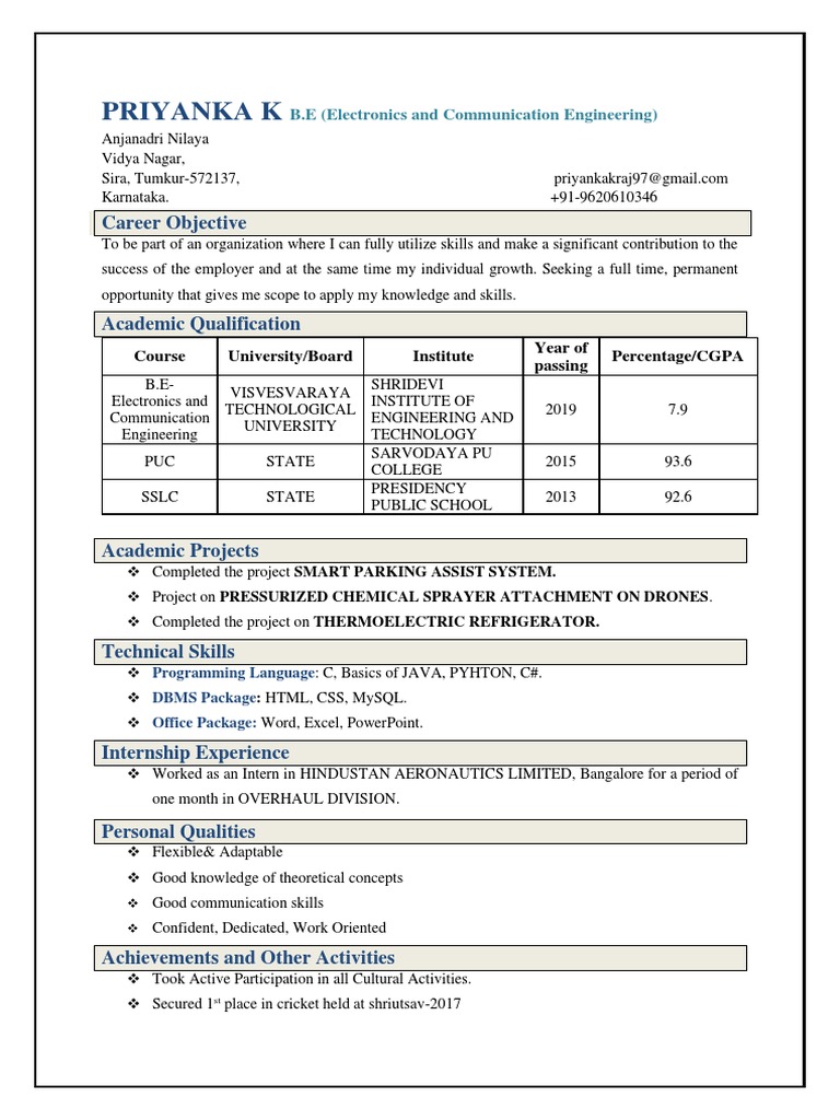 Priyanka K Resume | PDF | Bangalore | Engineering