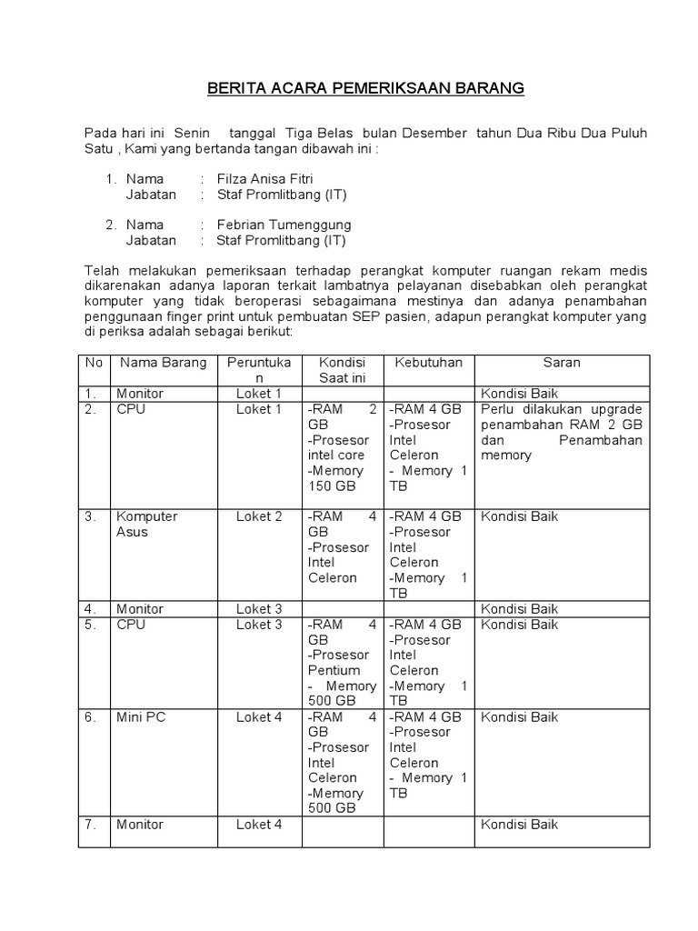 Pemeriksaan Perangkat Komputer Rumah Sakit | PDF