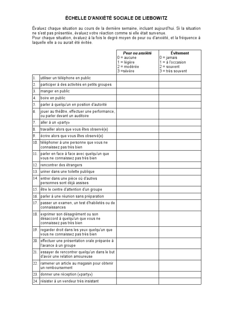 Échelle Danxiété Sociale de Liebowitz | PDF | Développement personnel ...