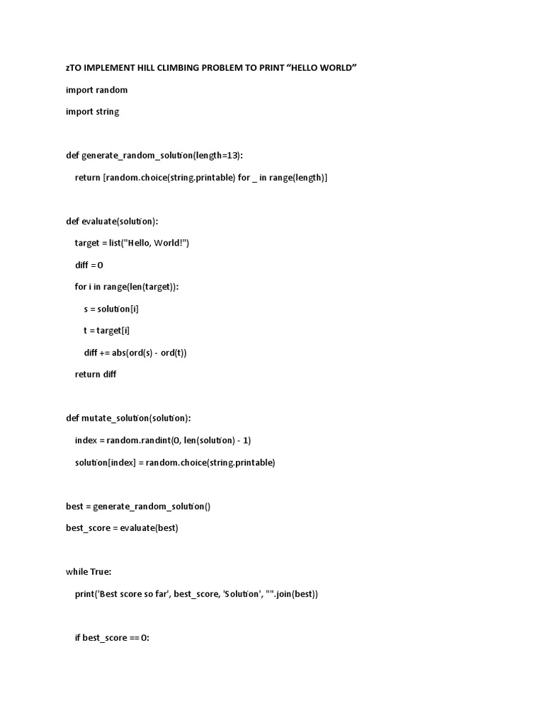 Zto Implement Hill Climbing Problem To Print Hello World Pdf Computer Programming 