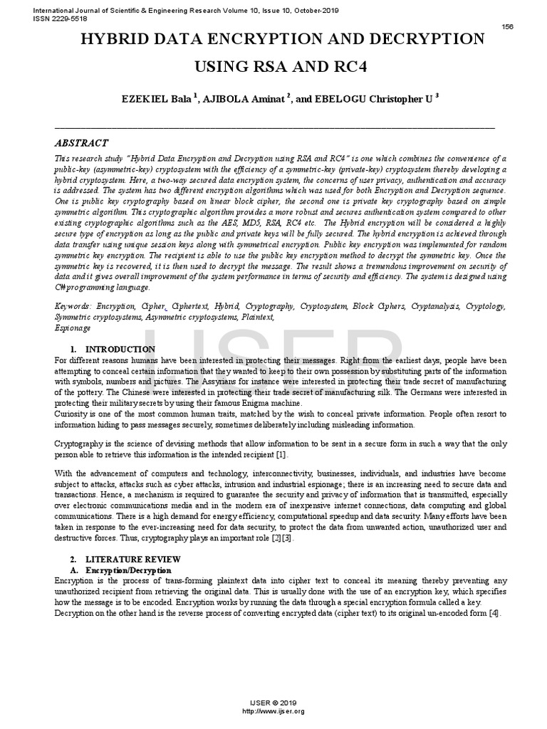 Ijser: Hybrid Data Encryption and Decryption Using Rsa and Rc4 | PDF | Cryptography | Key ...