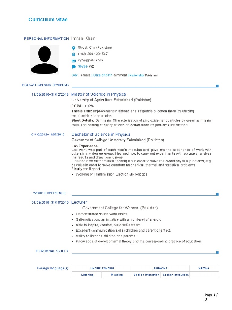 Curriculum Vitae: Imran Khan | PDF | Physics | Science