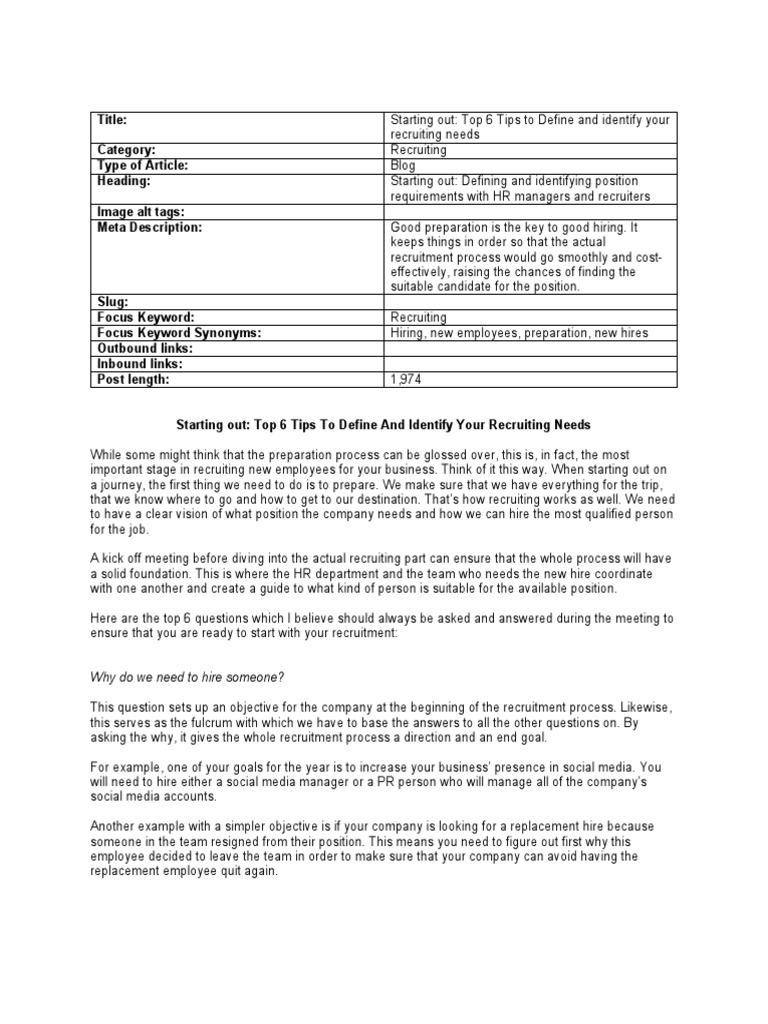 Sample #1. Starting Out - Top 6 Tips To Define and Identify Your ...