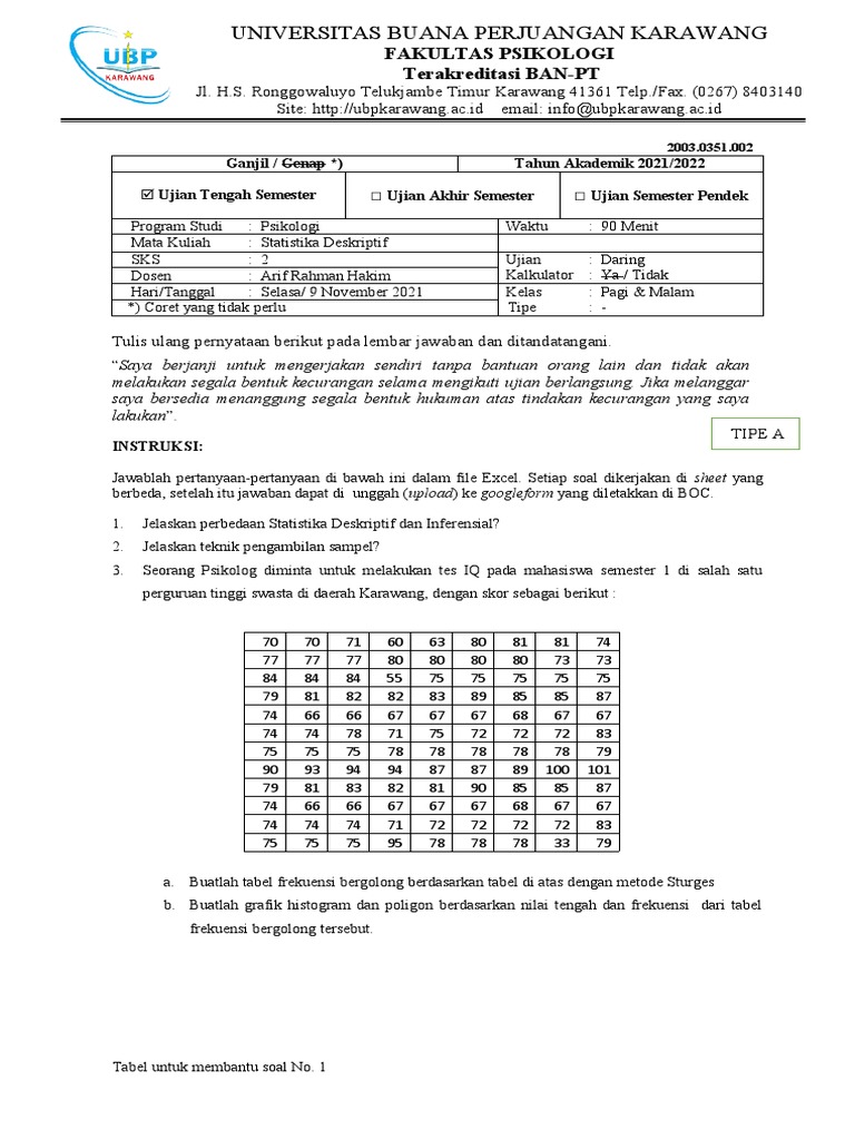 Soal Statistika Deskriptif UTS Ganjil 2021-2022 | PDF Soal Statistika Deskriptif UTS Ganjil 2021-2022 | PDF