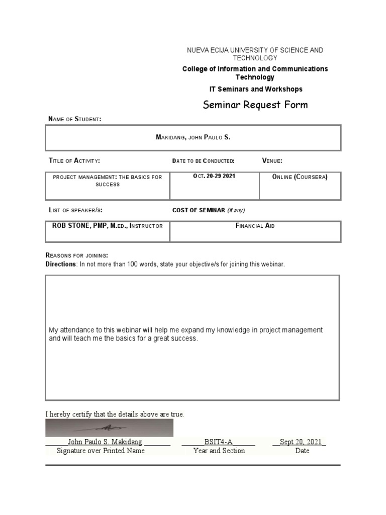 Seminar Request Form: N S: M, P S | PDF | Business | Art