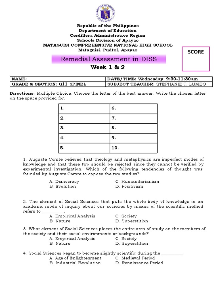 Remedial Assessment in DISS: Score | PDF | Science | Social Sciences