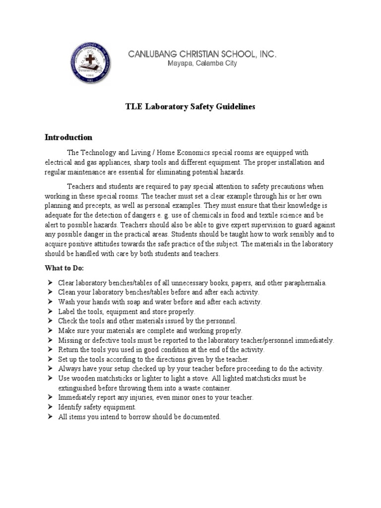TLE Laboratory Safety Guidelines | PDF | Personal Protective Equipment | Laboratories