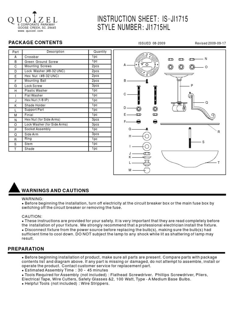 Instruction Sheet Is Ji1715: - Style Number Ji1715Hl:: Package Contents ...