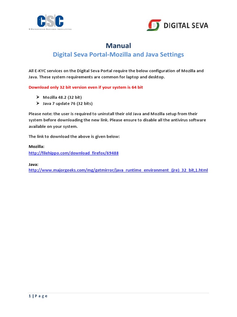 Manual: Digital Seva Portal-Mozilla and Java Settings | Download Free PDF | Java (Programming ...