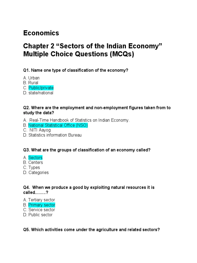 Economics Chapter 2 "Sectors of The Indian Economy" Multiple Choice ...