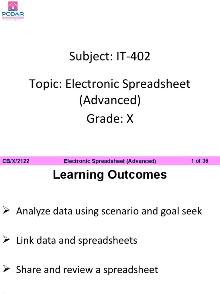 Subject: IT-402 Topic: Electronic Spreadsheet (Advanced) | PDF ...