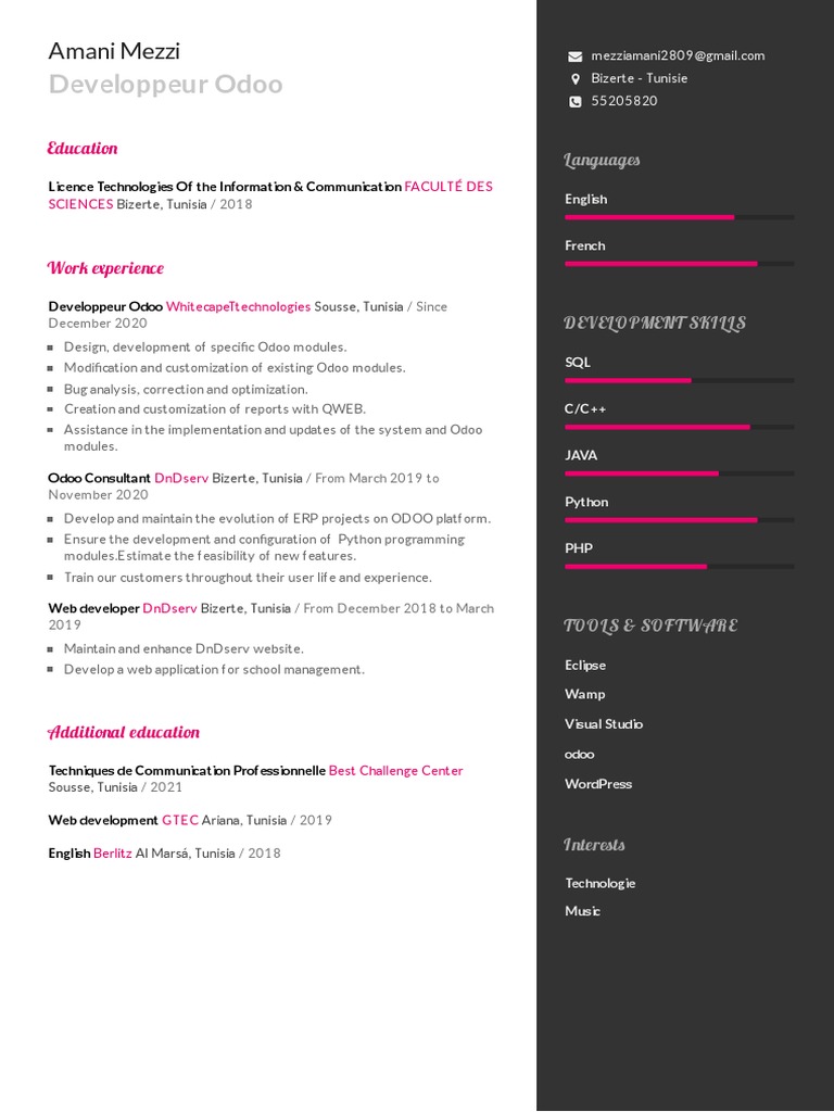 Amani Mezzi's Resume: An Experienced Odoo Developer and Consultant Seeking New Opportunities ...