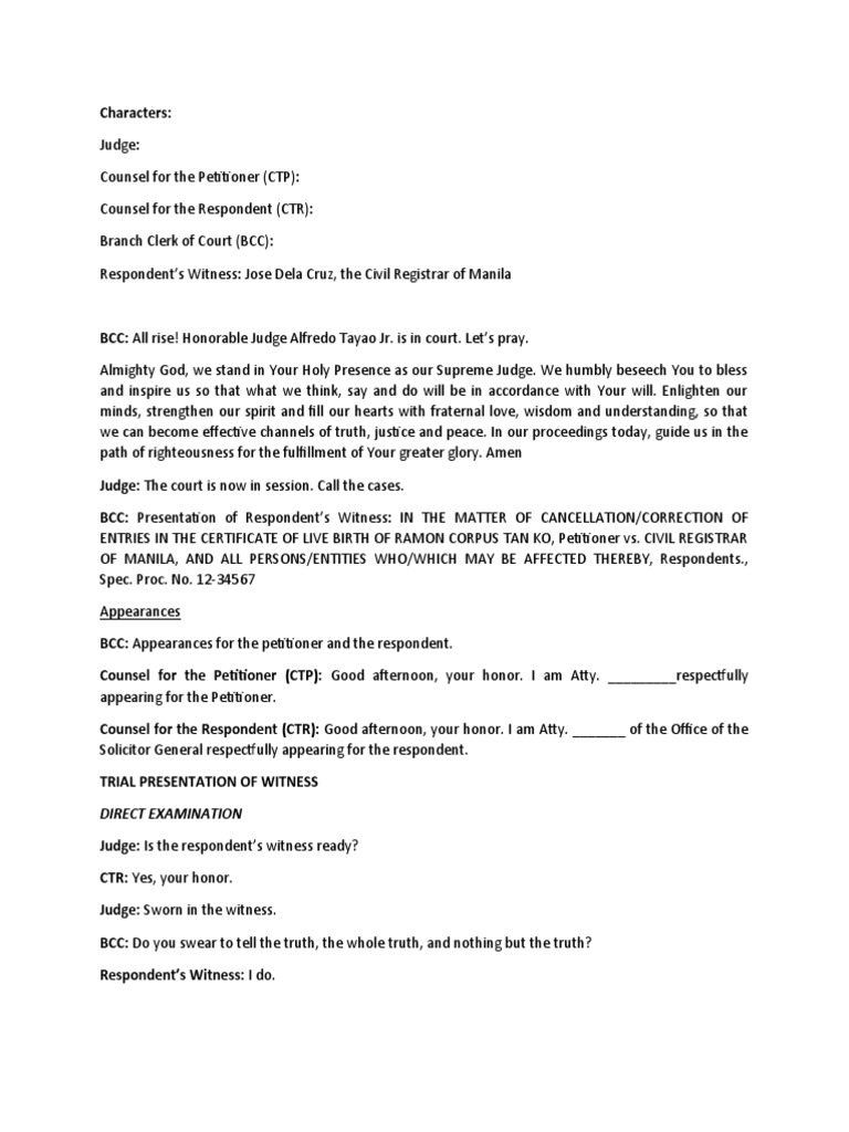 Script - Presentation of Respondent's Witness | PDF | Witness | Judge