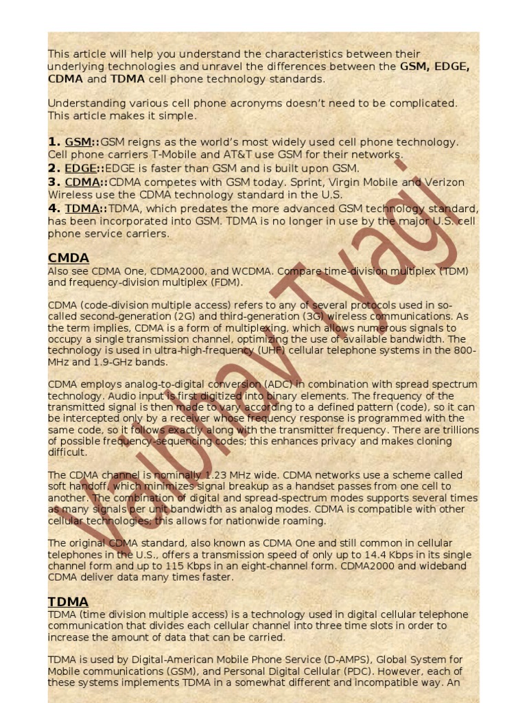 Gsm Vs Cdma Vs Tdma Pdf Gsm Cellular Network