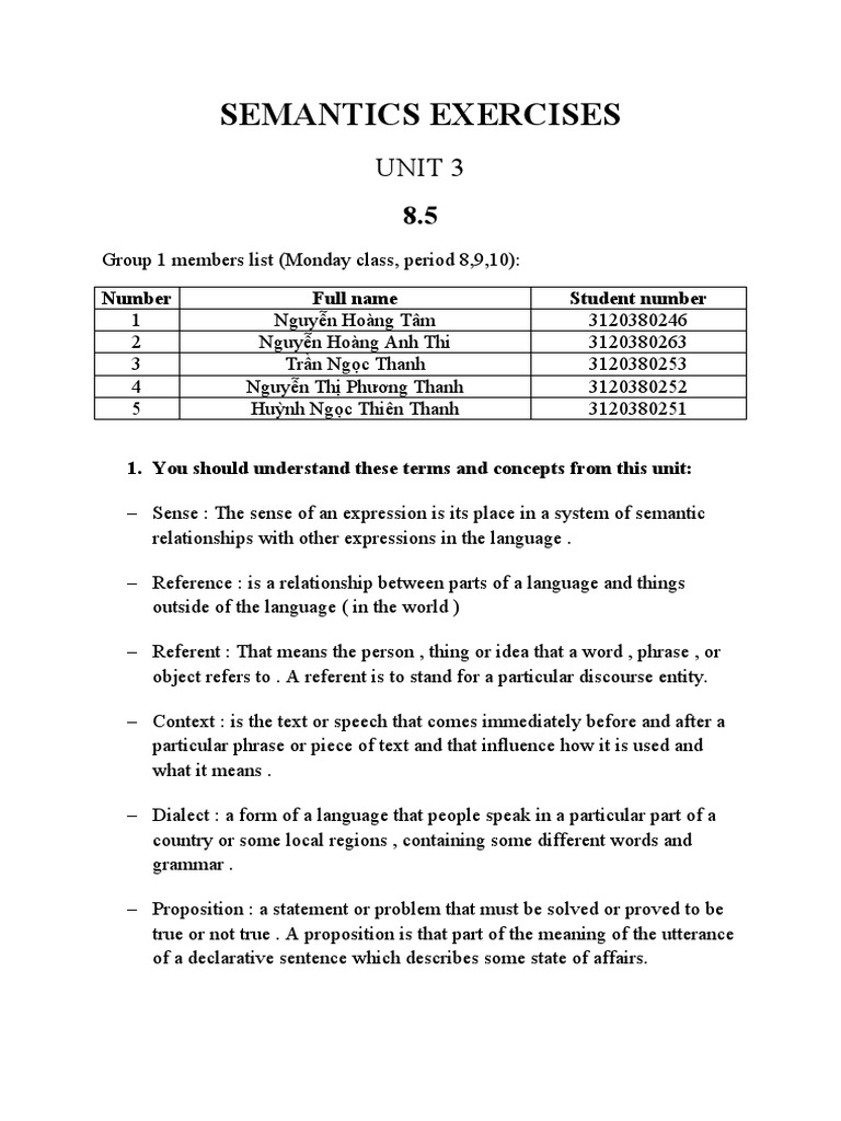 Semantics Exercises Unit 3 | PDF | Proposition | Word