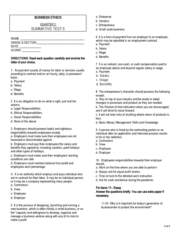 q2 Business Ethics Summative Test I | PDF | Employment | Salary