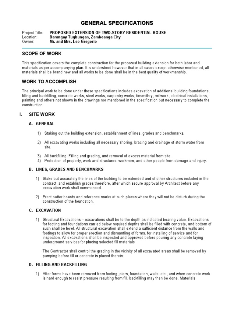General Specifications: Scope of Work | PDF | Concrete | Electrical Wiring