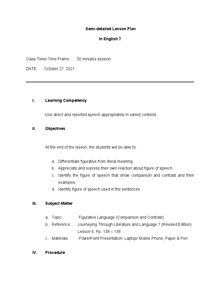 Semi-Detailed Lesson Plan in English 7 | PDF | Pizza | Lesson Plan