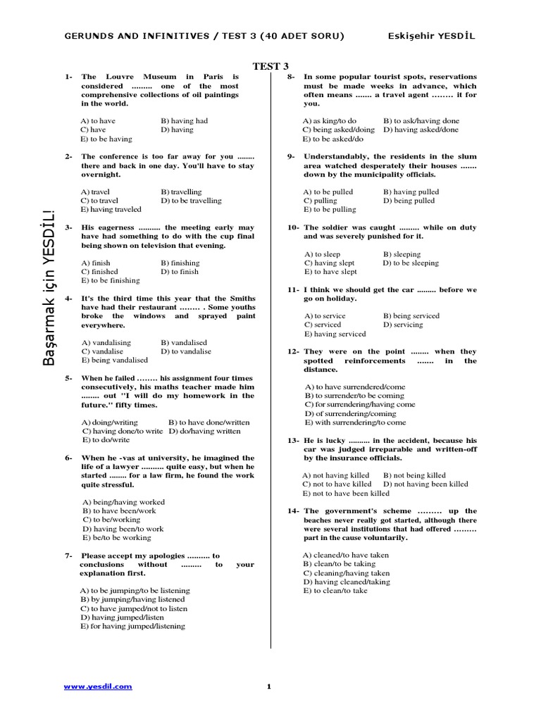 Gerunds and Infinitives Test 3 | PDF