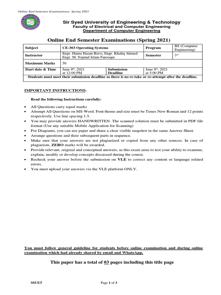 CE-303 Operating Systems Final Spring 2021 | PDF | Thread (Computing) | Software Engineering