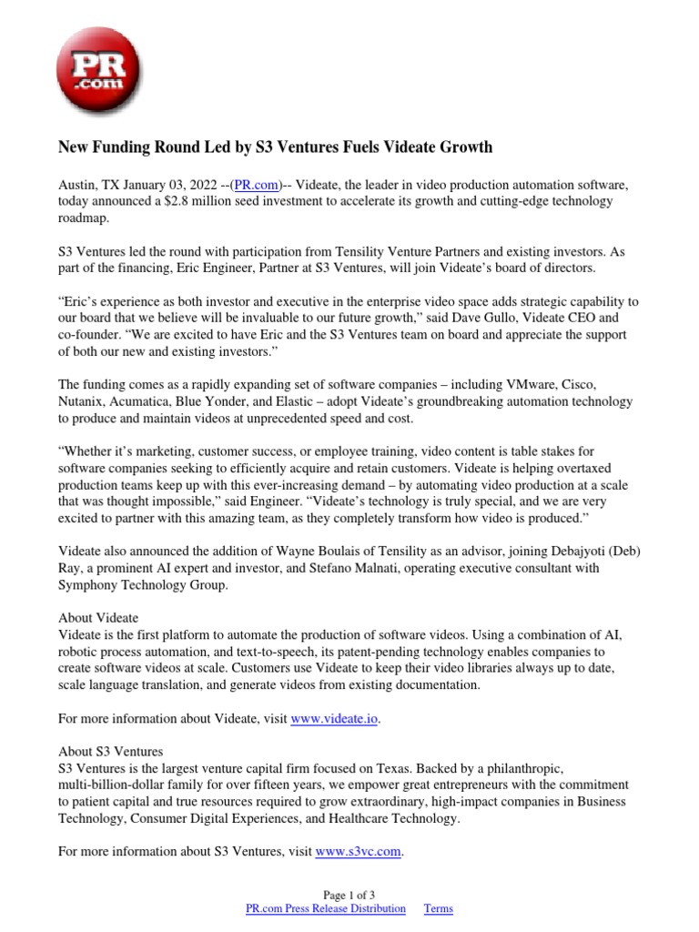 New Funding Round Led by S3 Ventures Fuels Videate Growth | PDF ...