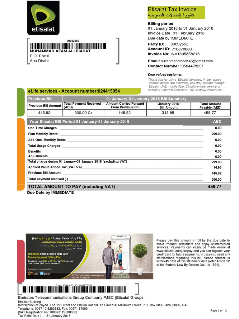 Etisalat Tax Invoice : Elife Services - Account Number:024415054 | PDF ...