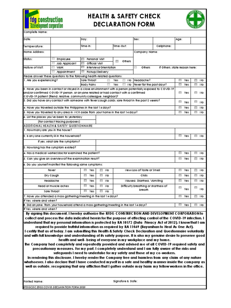 RFDGCDC Health and Safety Declaration Form | PDF | Common Cold | Health ...