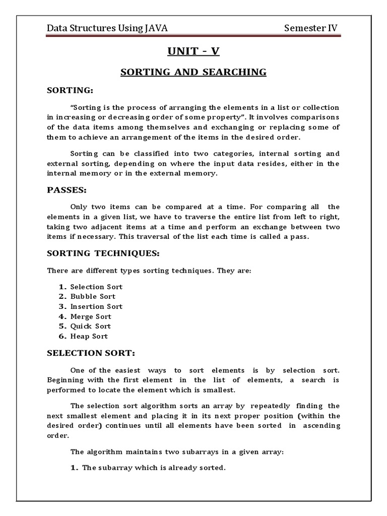 Unit - V: Sorting and Searching | PDF | Array Data Structure | Computer Data