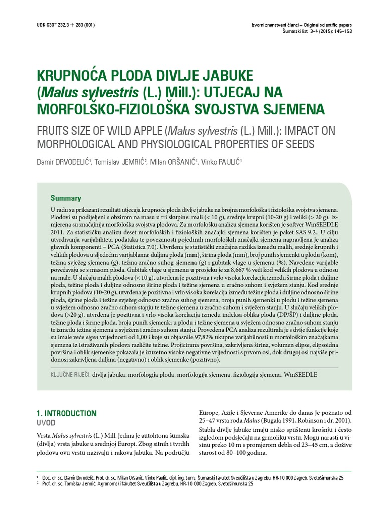 Krupnoća Ploda Divlje Jabuke (Malus Sylvestris (L.) Mill.) : UTJECAJ Na ...