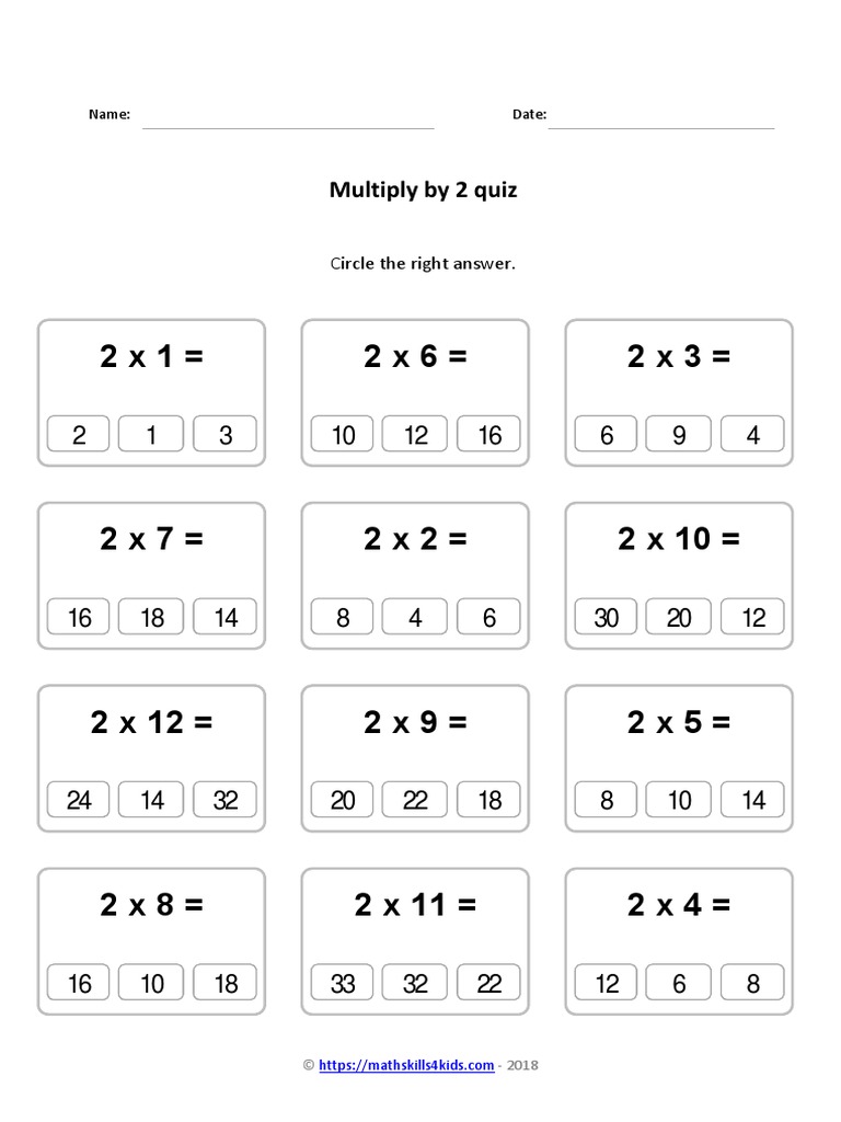 X2 Times Table Multiply by 2 Quiz I01j | PDF