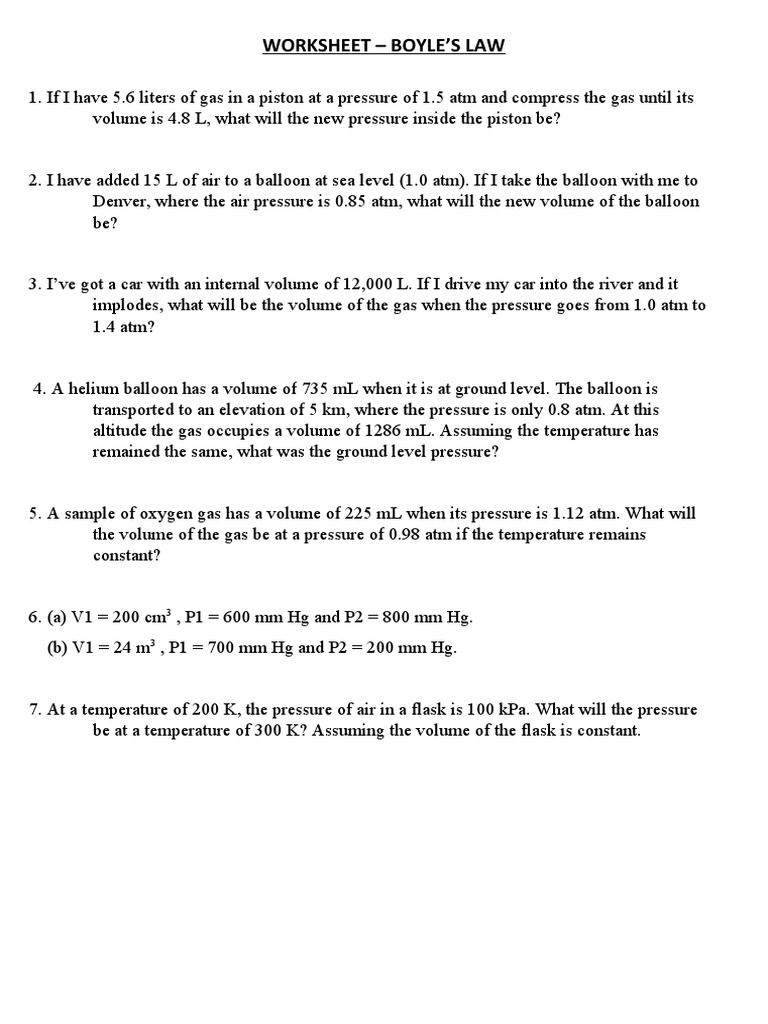 Boyle's Law Worksheet | PDF