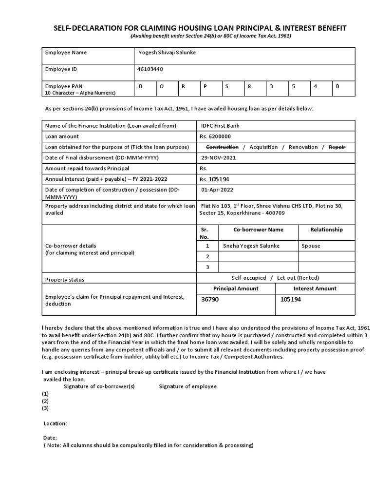 Housing Loan Tax Benefit Declaration | PDF | Loans | Taxes
