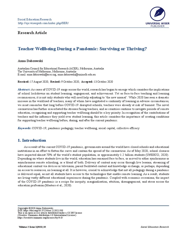 Teacher Wellbeing During A Pandemic Surviving or Thriving | PDF ...