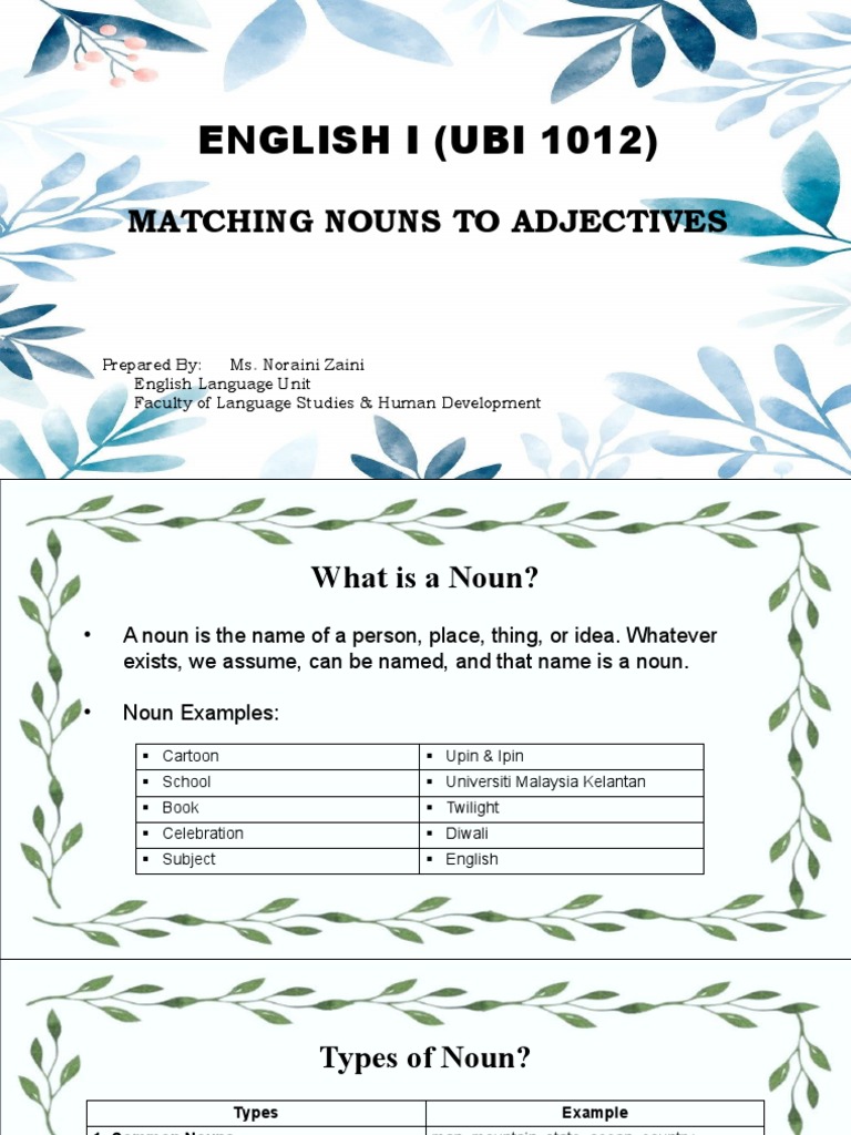 English I (Ubi 1012) : Matching Nouns To Adjectives | PDF | Adjective ...