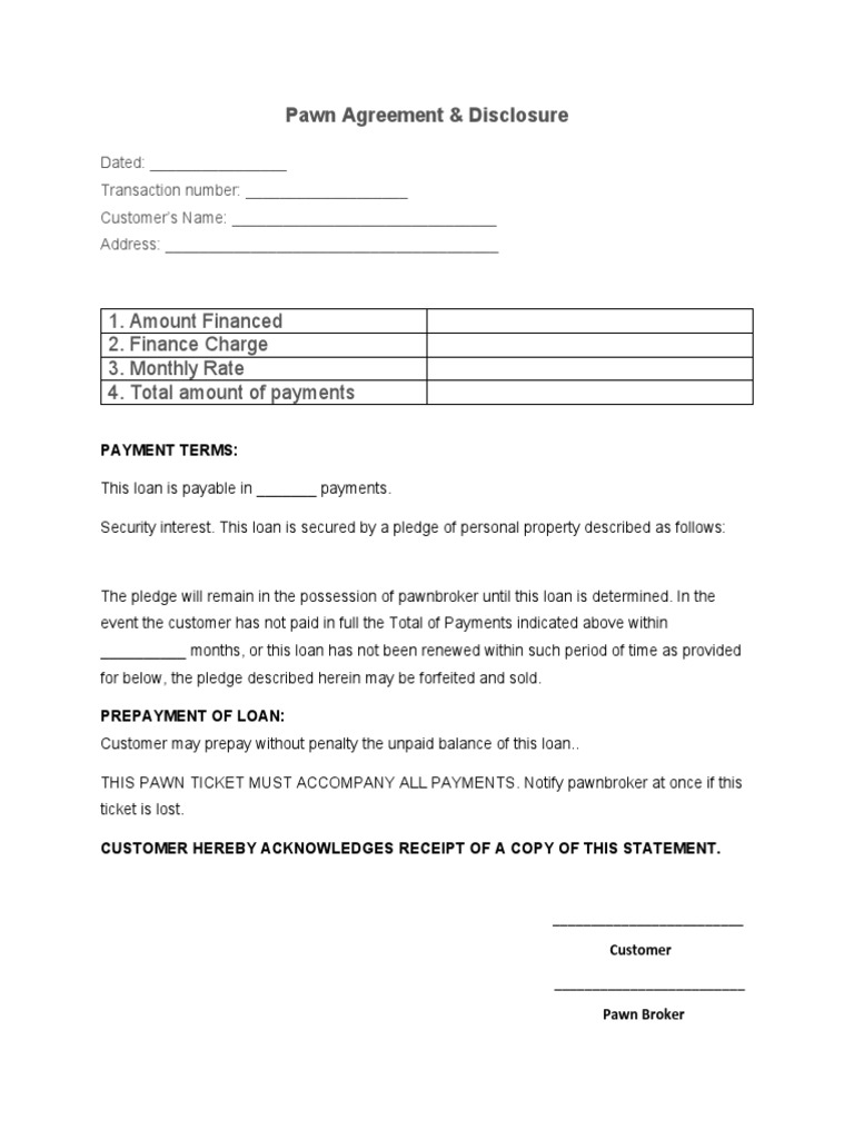 Pawn Agreement & Disclosure Sample | PDF