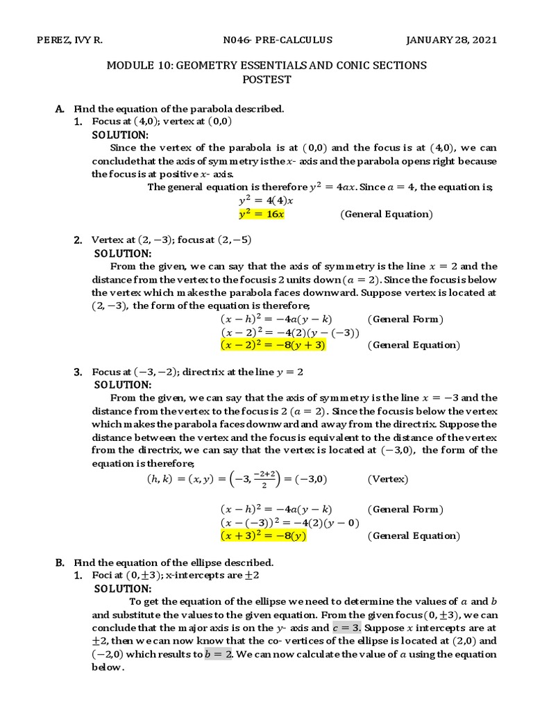 Module 10: Geometry Essentials and Conic Sections Postest | PDF ...
