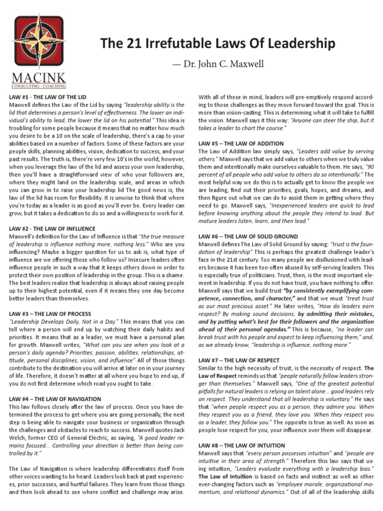 21 Irrefutable Laws Of Leadership Pdf Leadership