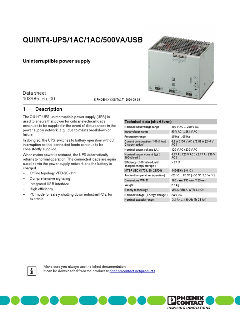 QUINT4-UPS/1AC/1AC/500VA/USB: Uninterruptible Power Supply | PDF | Power Supply | Alternating ...