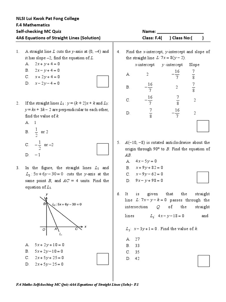 Selfcheck mcQ4A6-Equations of Straight Lines-A | PDF | Line (Geometry ...