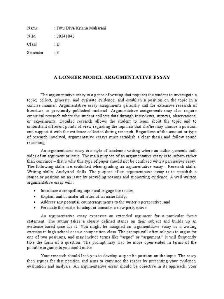 A Longer Model Argumentative Essay | PDF | Essays | Argument