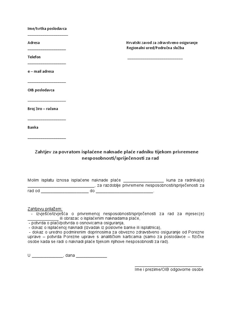 Zahtjev Za Povratom Isplaćene Naknade Plaće - 0 | PDF