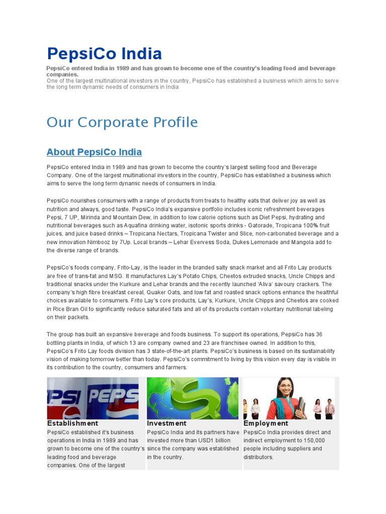 Pepsico India: Our Corporate Profile | PDF | Pepsi Co | Food And Drink